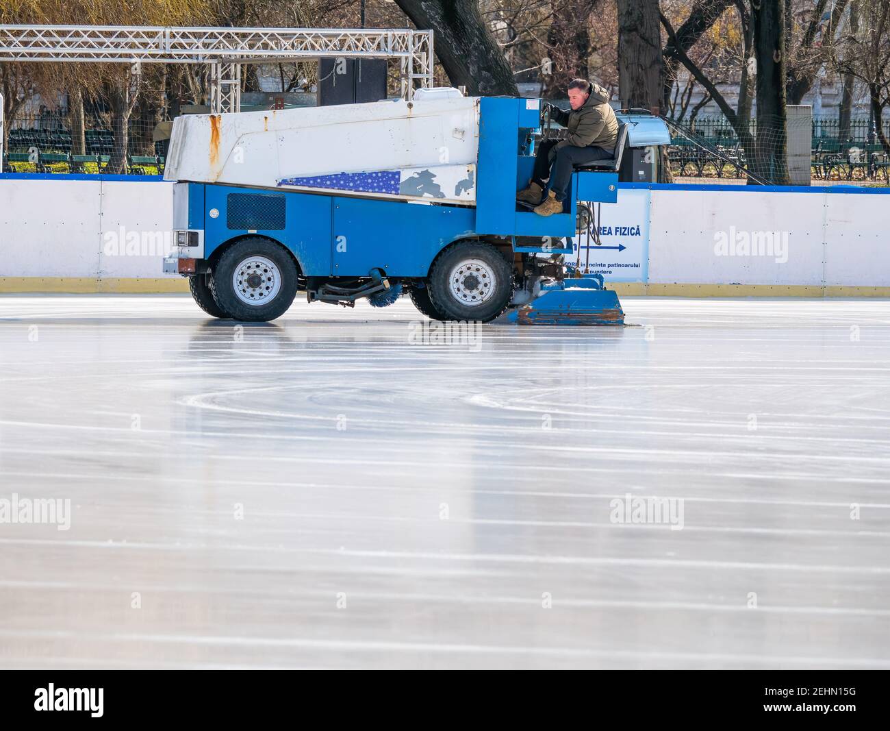 Bucharest, Romania - 02.12.2021: Ice resurfacer smoothing and polishing ...