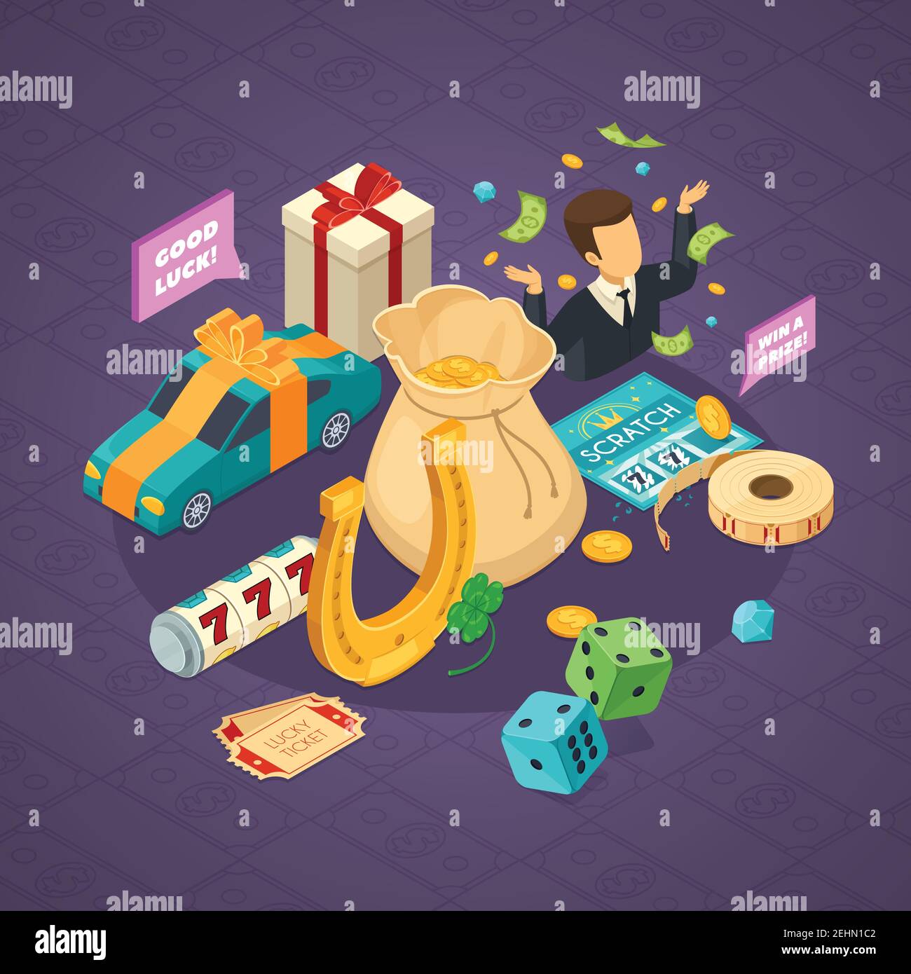 Lottery isometric concept with luck symbols on violet background vector ...