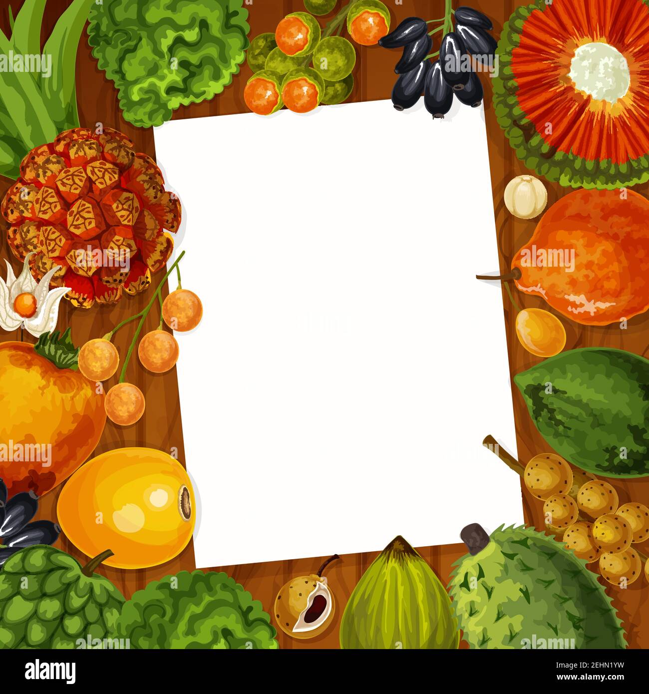 Cooking recipe or kitchen memo note in frame of exotic tropical fruits ...