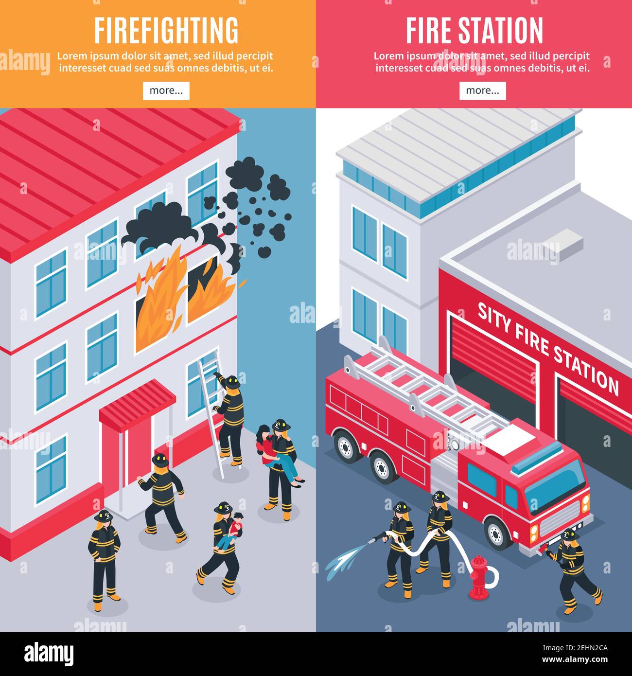 Isometric vertical firefighters and city fire station banners 3d ...