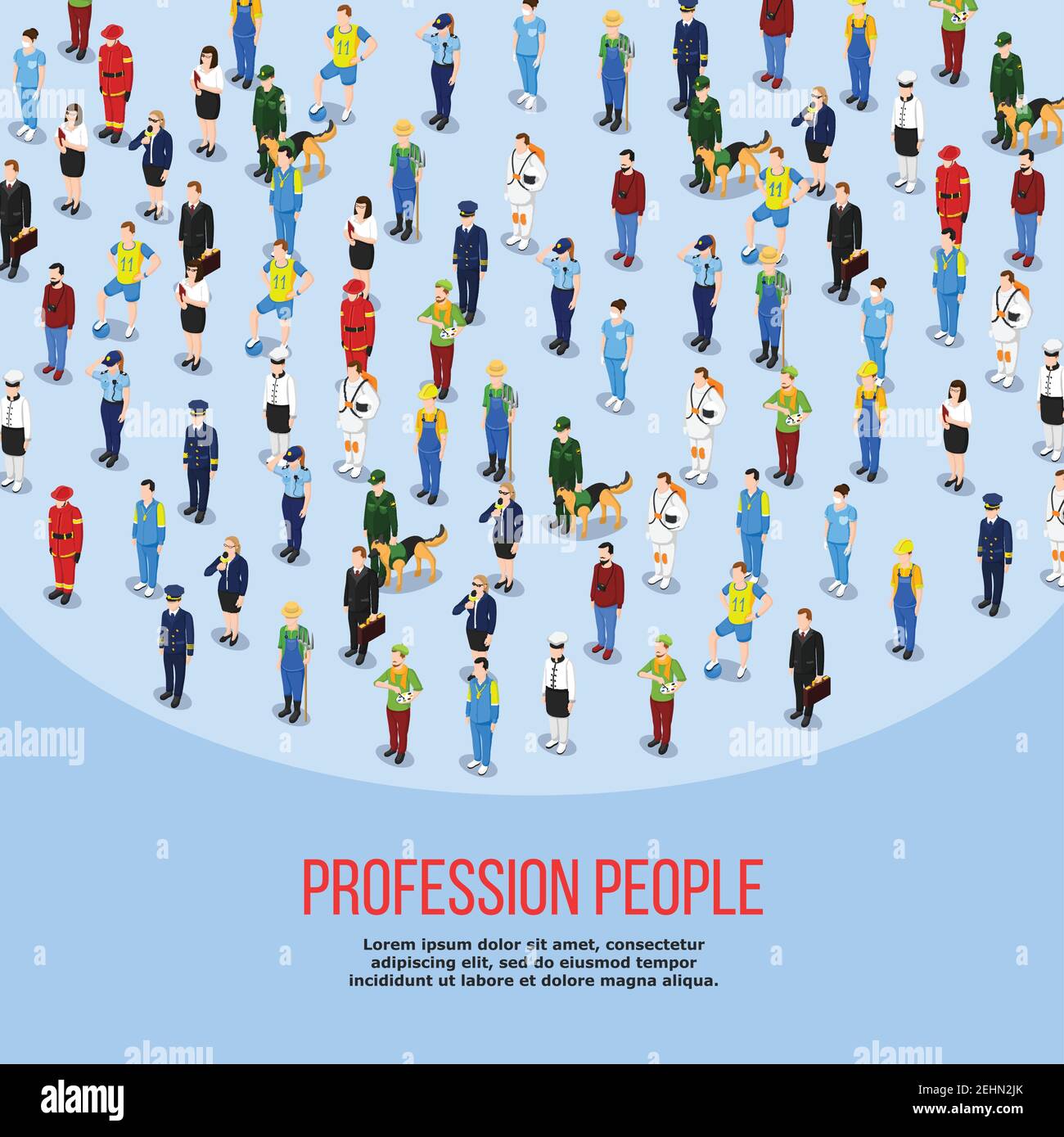 People background isometric composition of human characters in uniform representing different ...