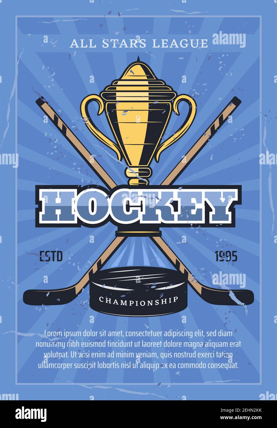 Hockey sport game retro poster. Sticks and puck, golden trophy. Vector ...