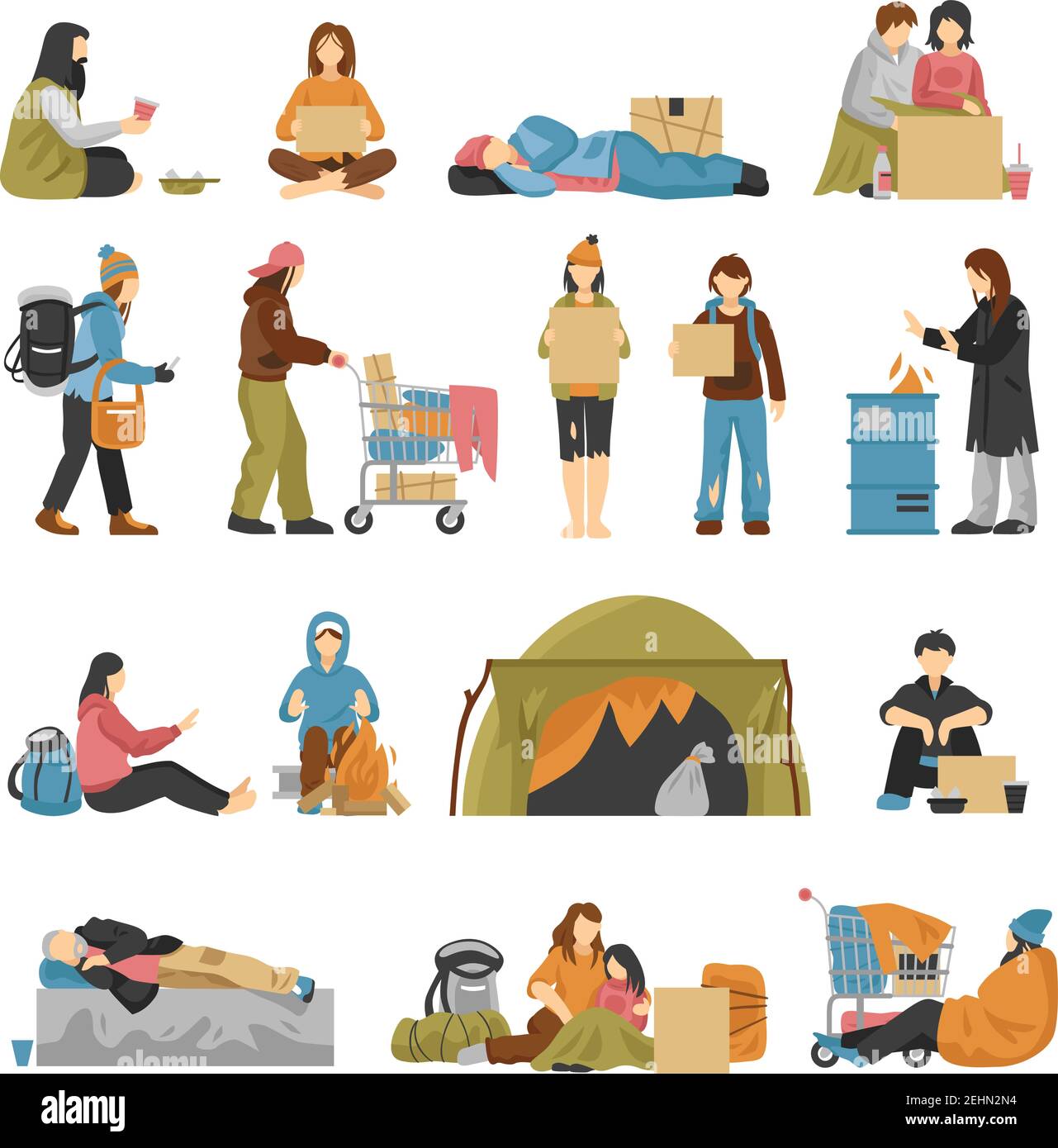 Homeless male and female people with kids begging money set isolated on ...