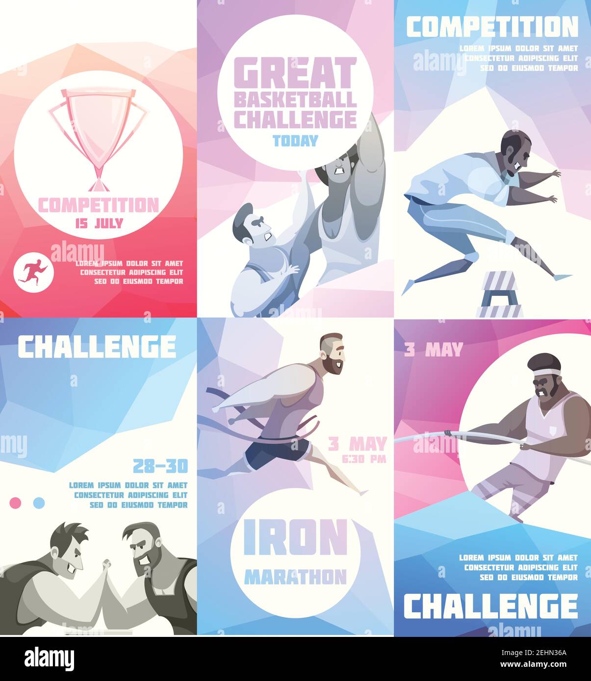 Competition flyer set of six vertical posters with cartoon sportsman ...