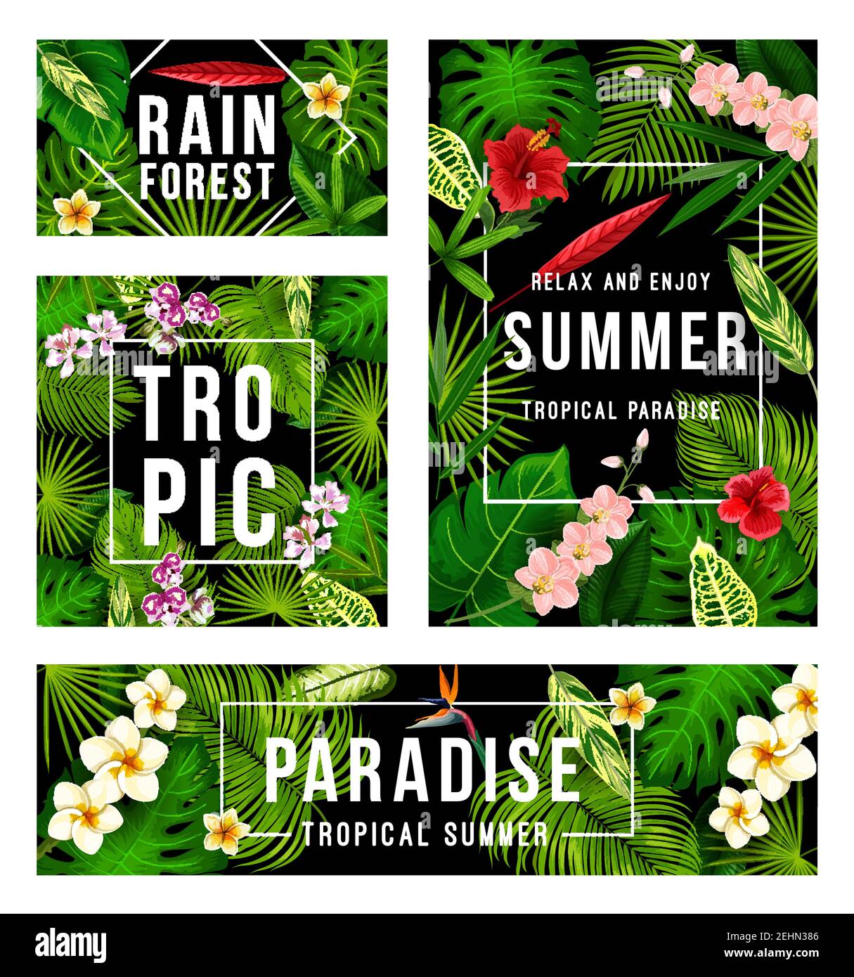 Summer tropical paradise poster set with frame of palm leaf and exotic ...