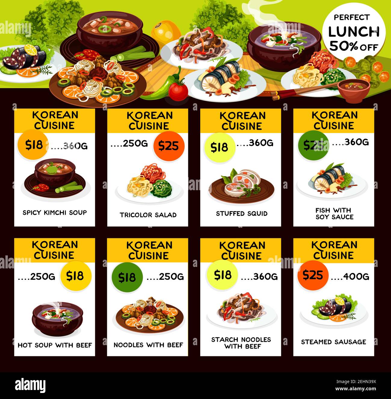 Korean cuisine menu dishes. Spicy kimchi soup or with beef and tricolor ...