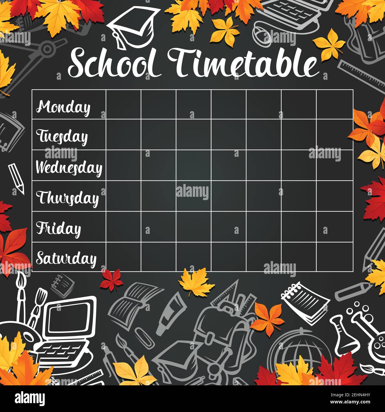 School timetable design of weekly lesson schedule on black chalkboard ...
