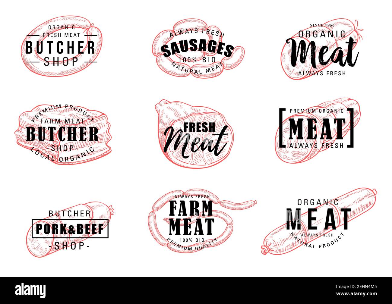 Meat shop icons with signs. Grocery market, butcher shop vector symbols ...