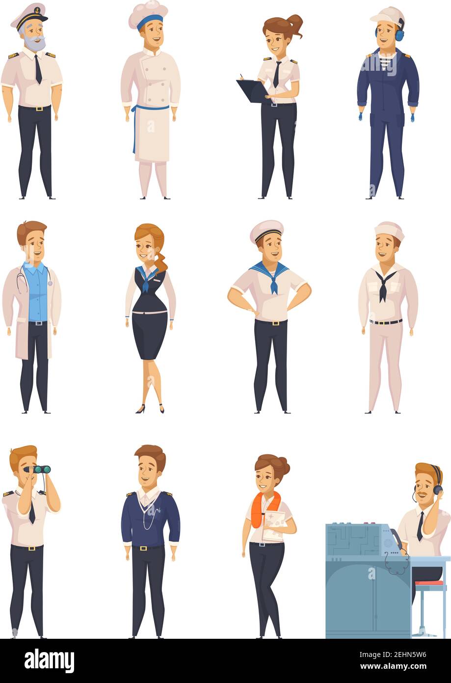 Yacht ship cruise liner crew characters cartoon icons set with captain ...
