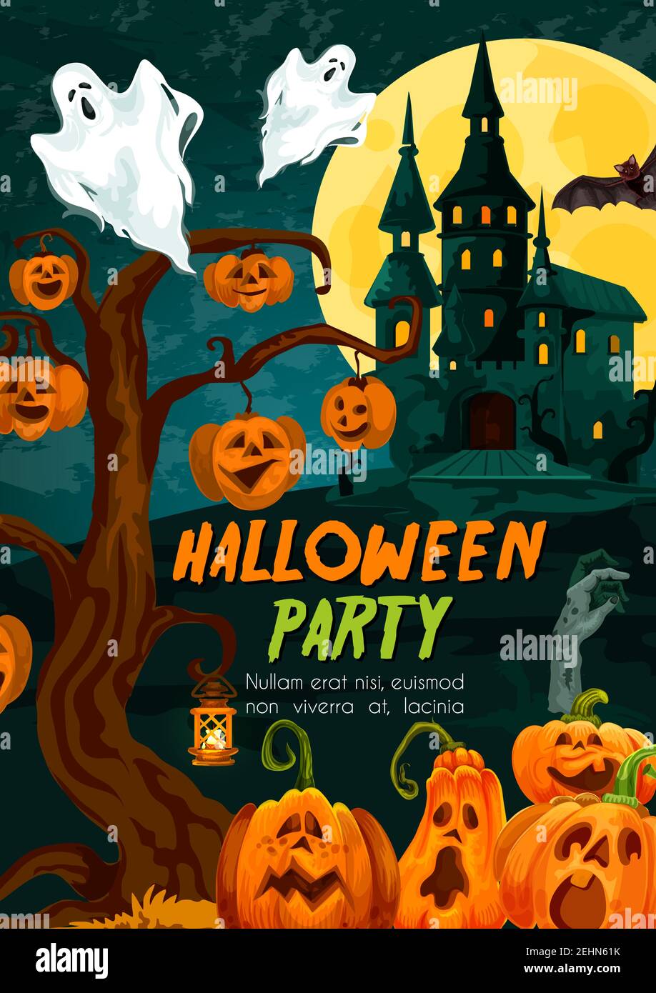 Halloween pumpkin and ghost house festive banner for october holiday ...