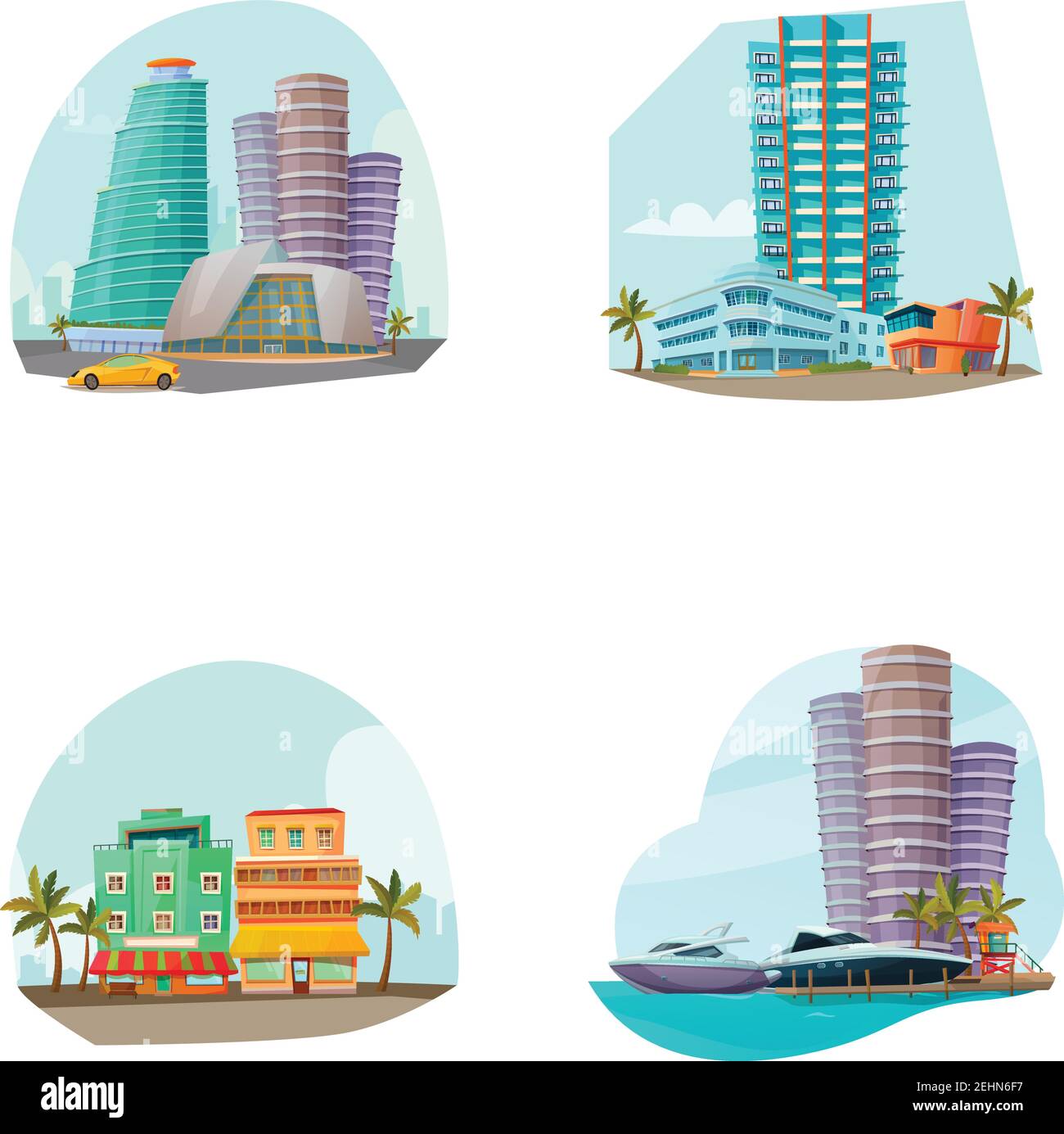 Miami cityscape 4 famous landmarks icons composition with beach resort ...