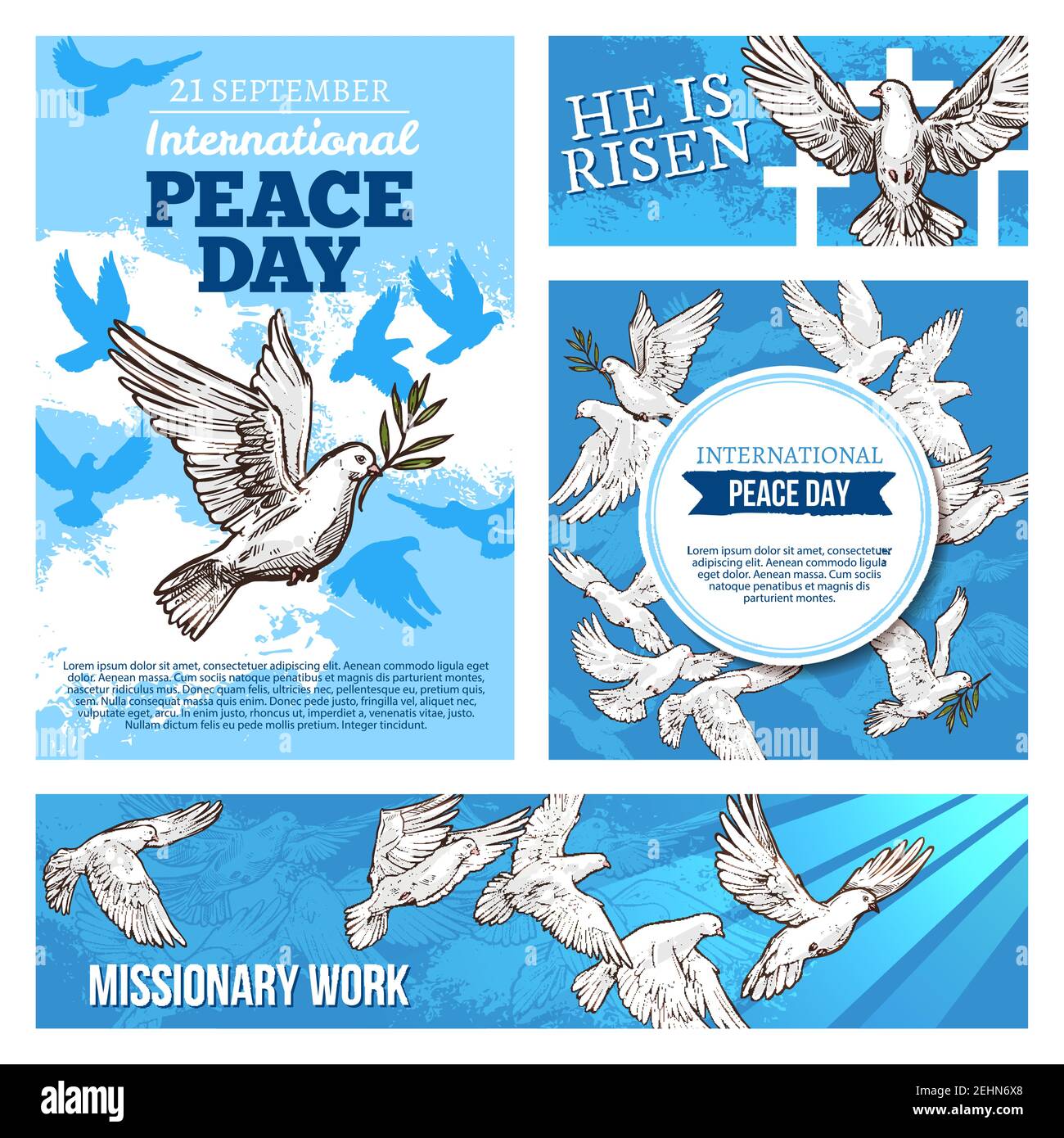 Peace day international holiday sketch banners with symbolic white ...