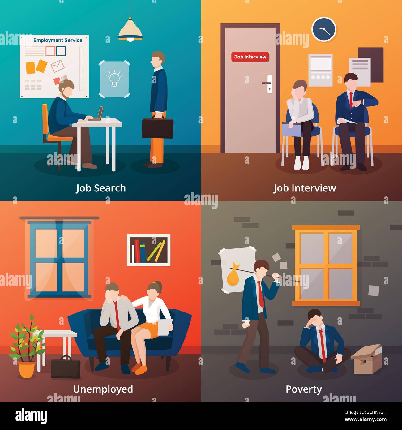 Unemployed people flat 2x2 design concept with faceless doodle human ...