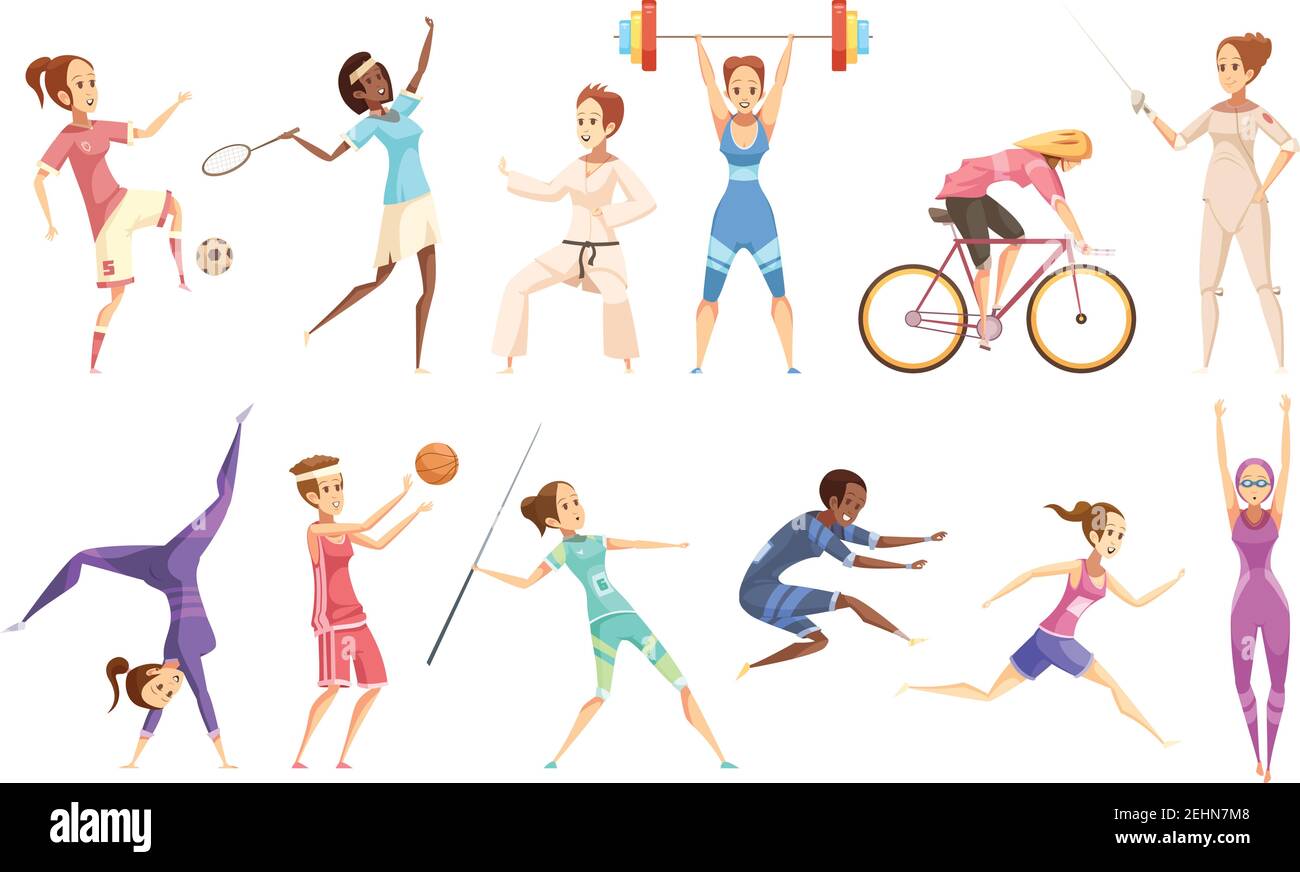 Sportswoman retro cartoon set of isolated female characters doing ...