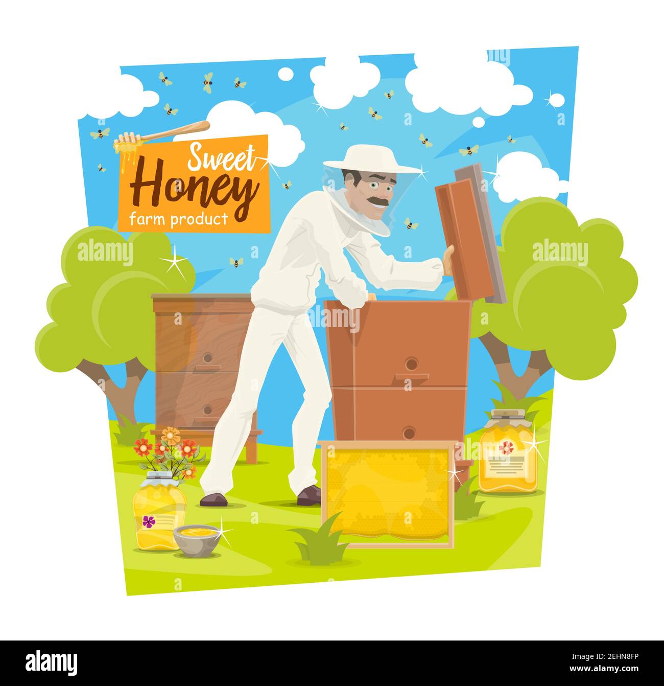 Beekeeper at apiary taking honey from hive, vector beekeeping. Vector ...
