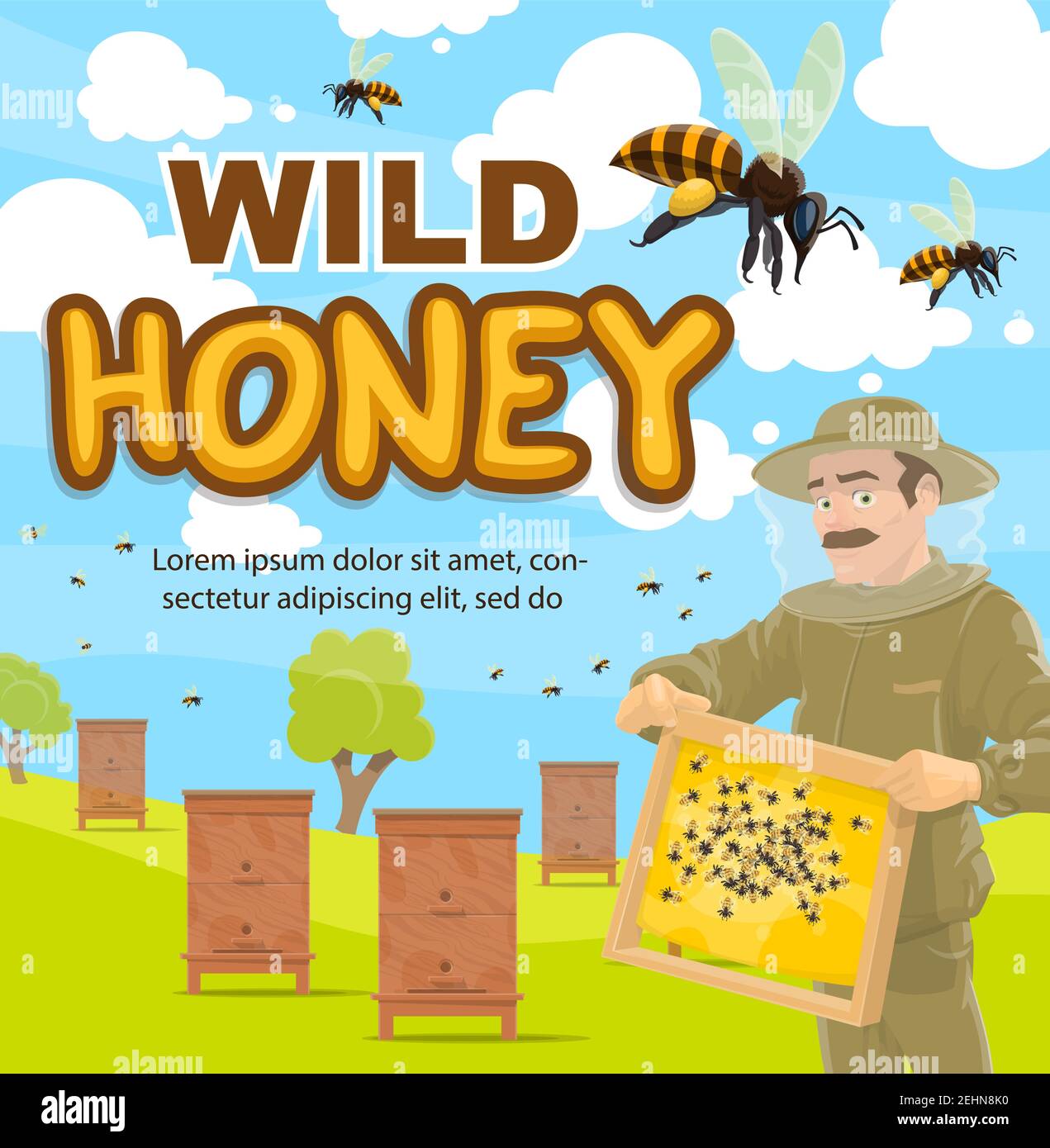 wild honey beekeeping poster of beekeeper at apiary with honeycomb ...