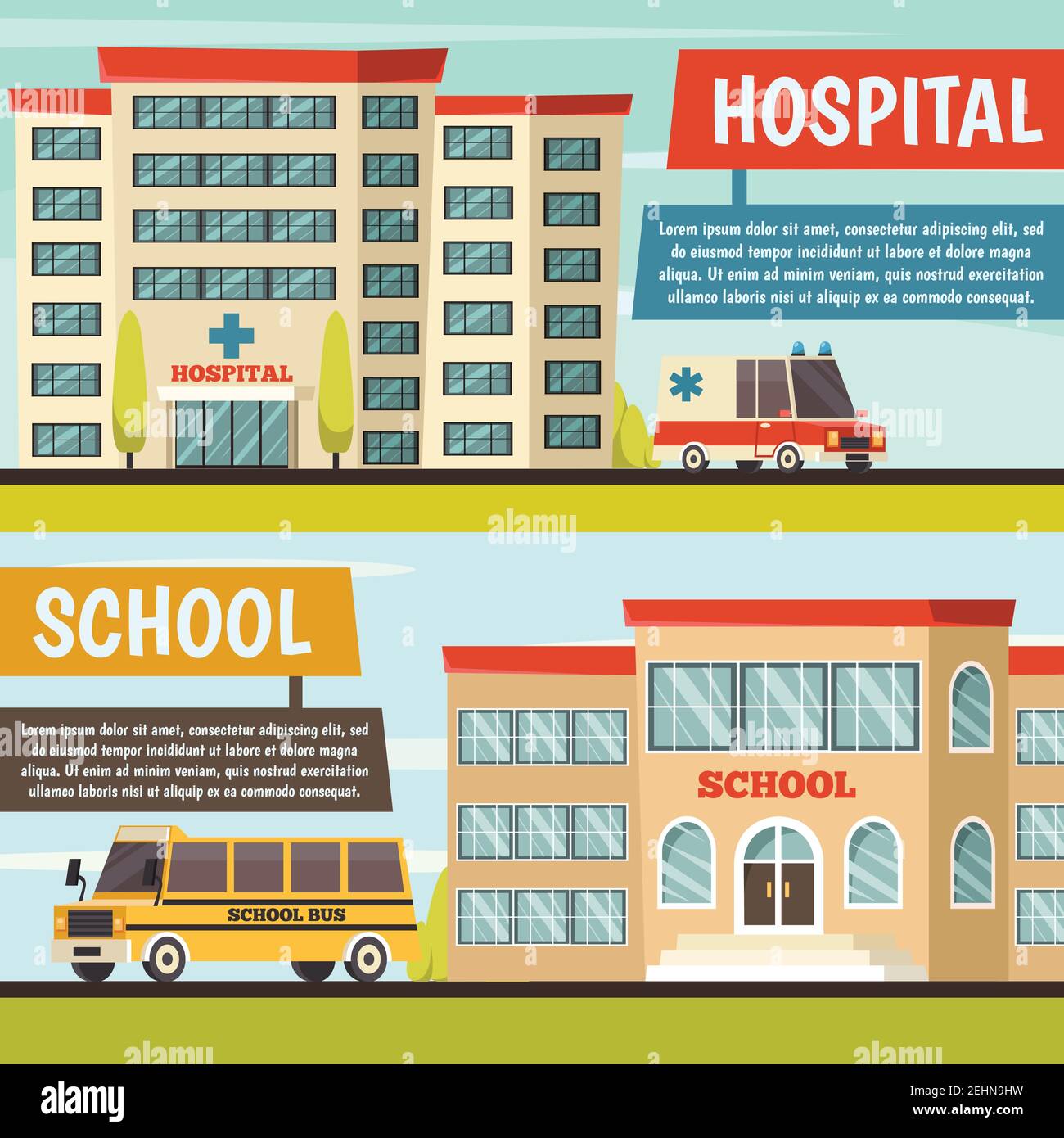 Two horizontal colored orthogonal municipal buildings banner set with ...