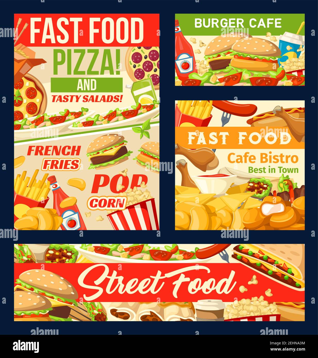 Fastfood restaurant menu posters and banners for street food meals and ...