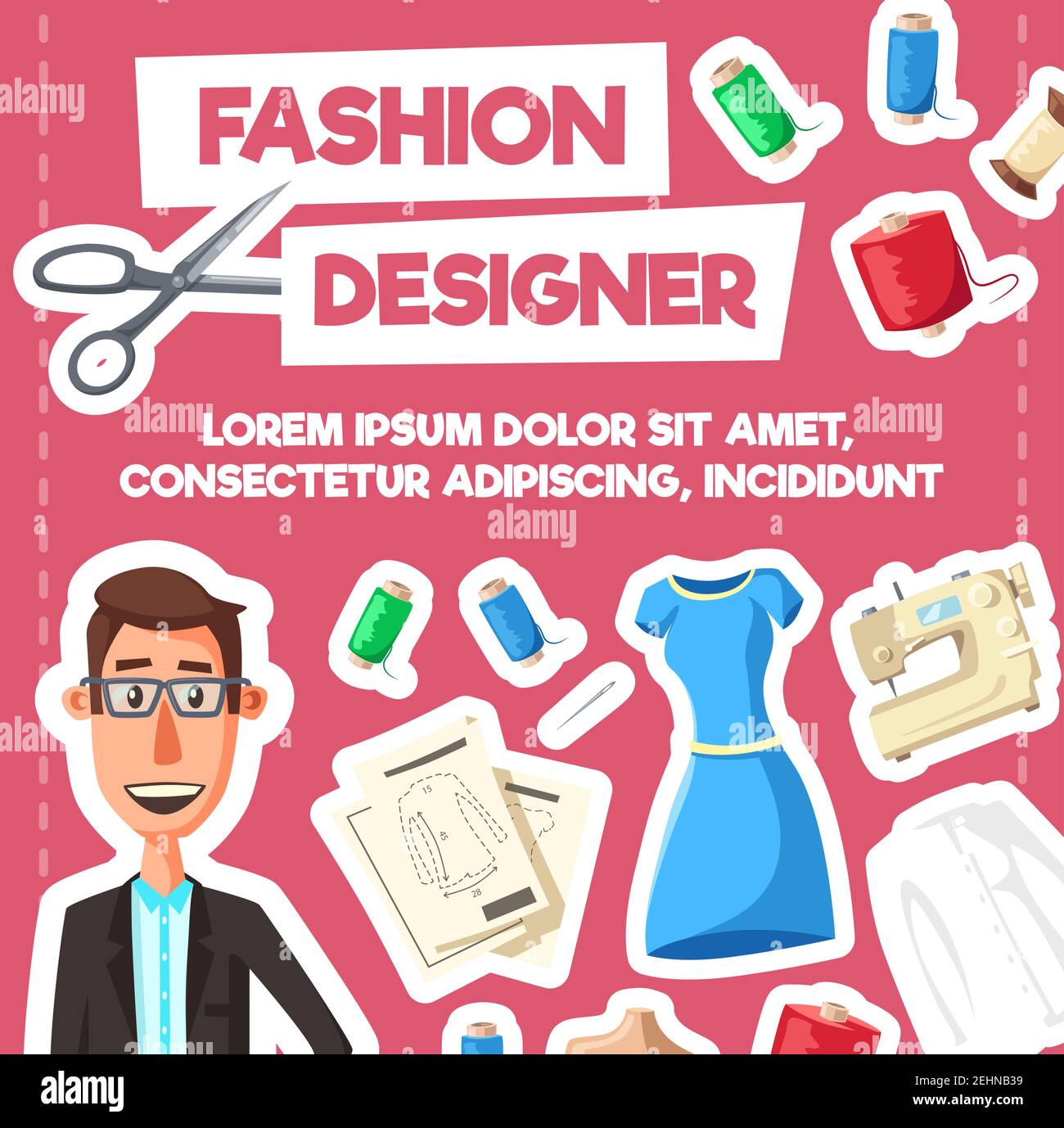 Fashion designer profession poster. Vector cartoon dressmaker or tailor ...