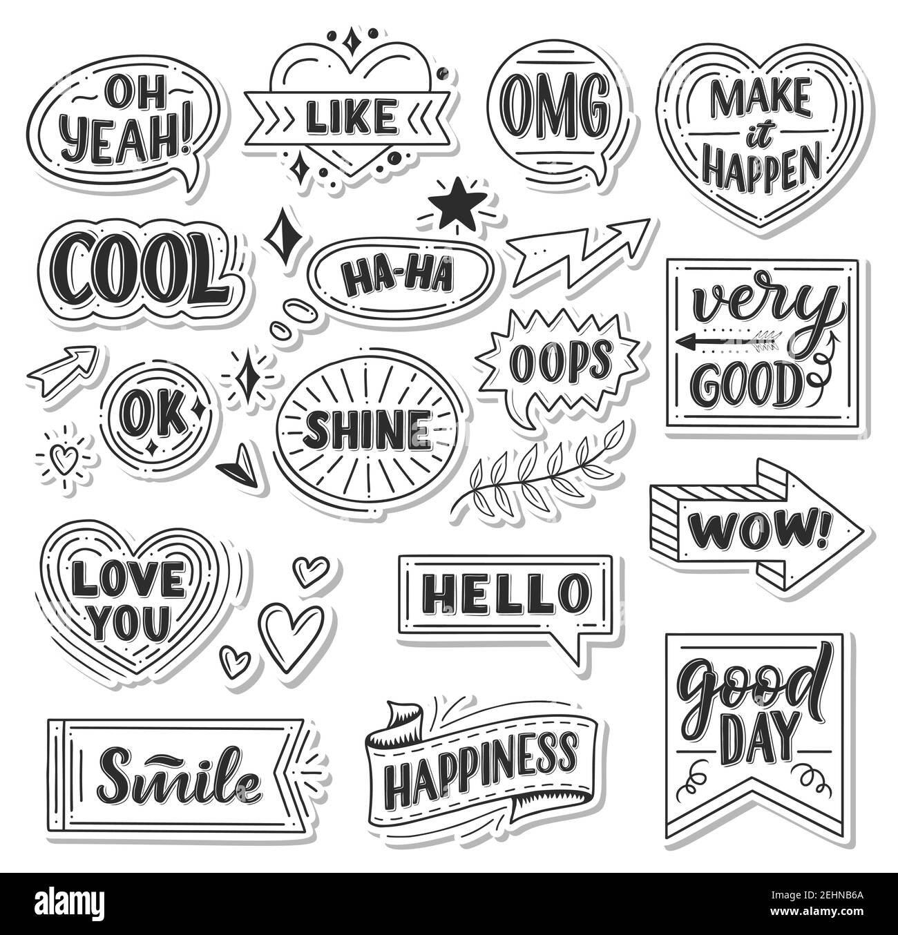 Quotes and sound blasts stickers. Vector sketch doodle icons, ribbons ...