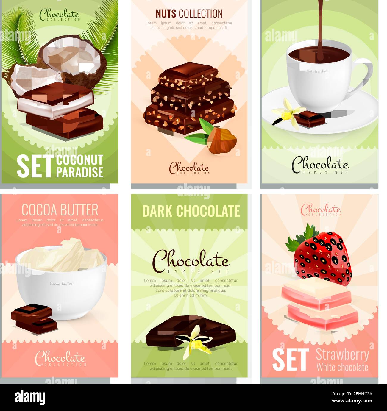 Set of six cocoa product cards with different types of chocolate cocoa ...
