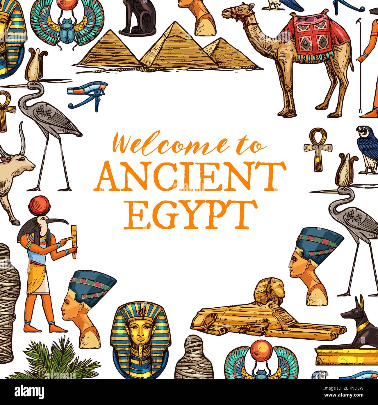 Welcome to ancient Egypt travel poster. Pharaohs, ankh and Ra god ...