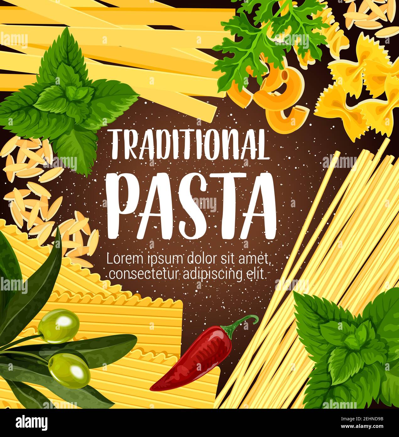 Traditional pasta poster Italian dish with greenery and chili pepper or ...