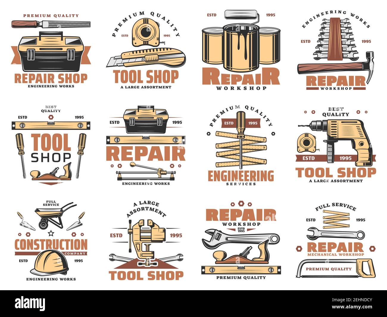 Repair work tools and carpentry or engineering service icons. Vector ...