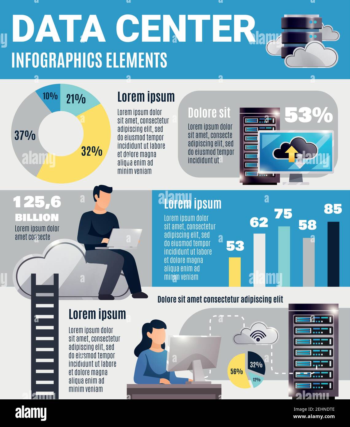 Flat design infographics presenting information about data center and ...