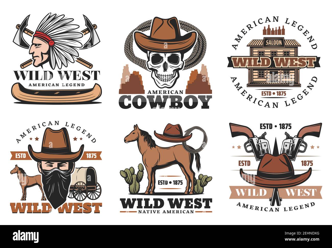 Wild West icons with cowboy in hats and skull, guns and pistols, Injun ...