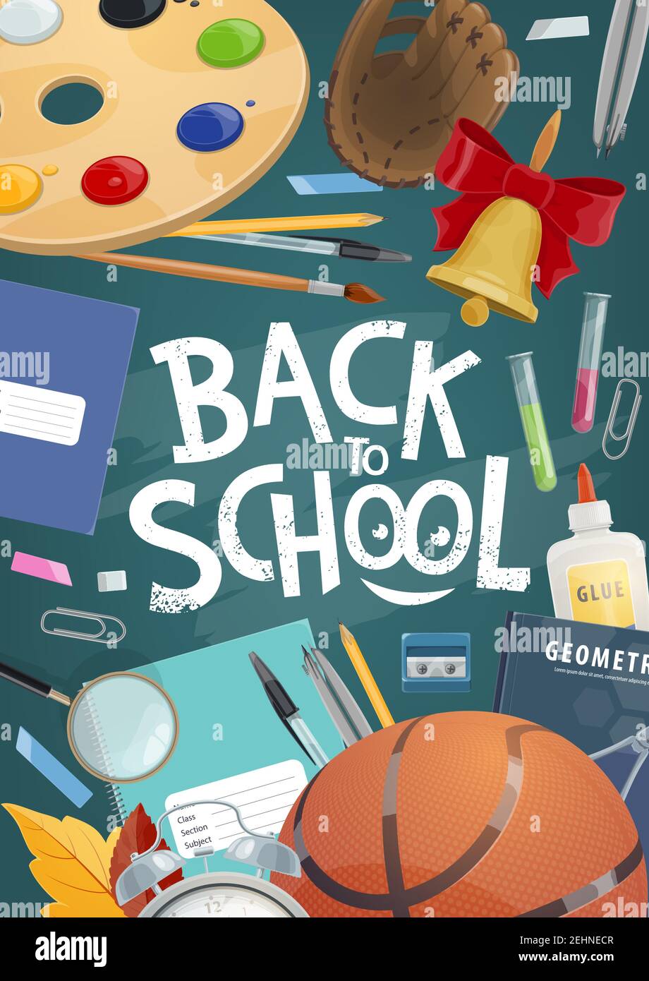 Back to school blackboard poster with frame of student supplies and ...