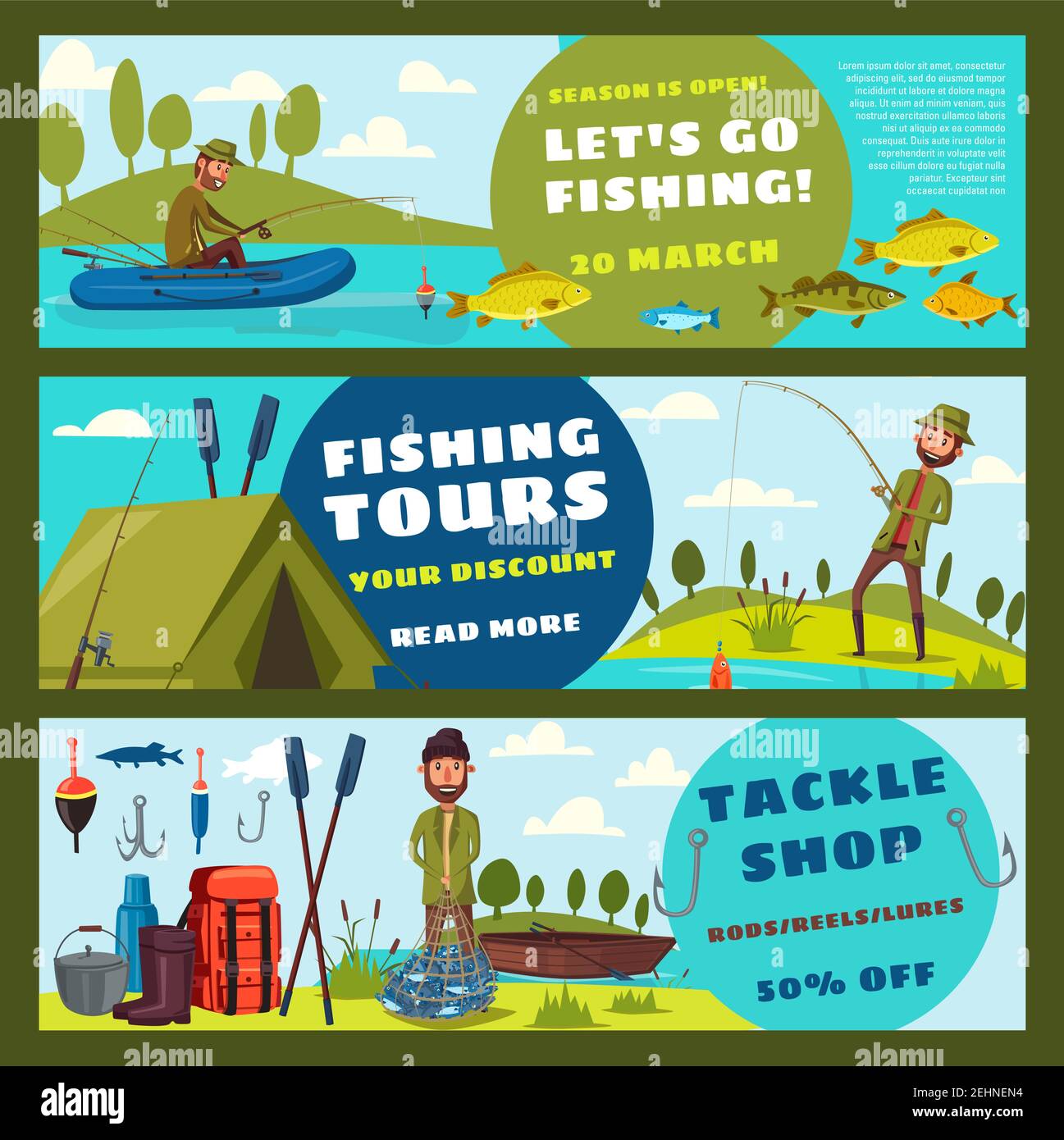 Fishing sport tours or fisherman tackles and equipment. Vector cartoon ...