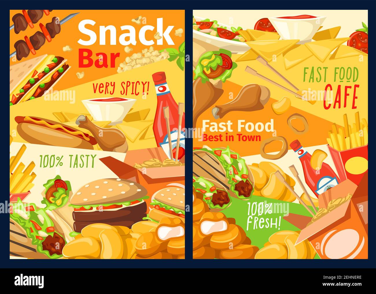 Fast food snacks menu of pizza, cheeseburger or hot dog, Asian noodles ...