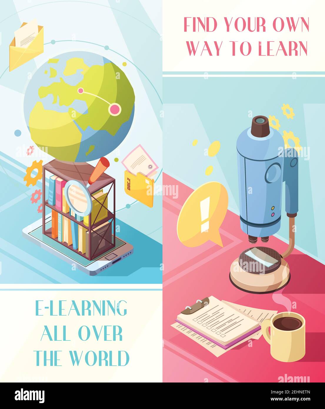 E-learning vertical isometric banners with online education worldwide ...