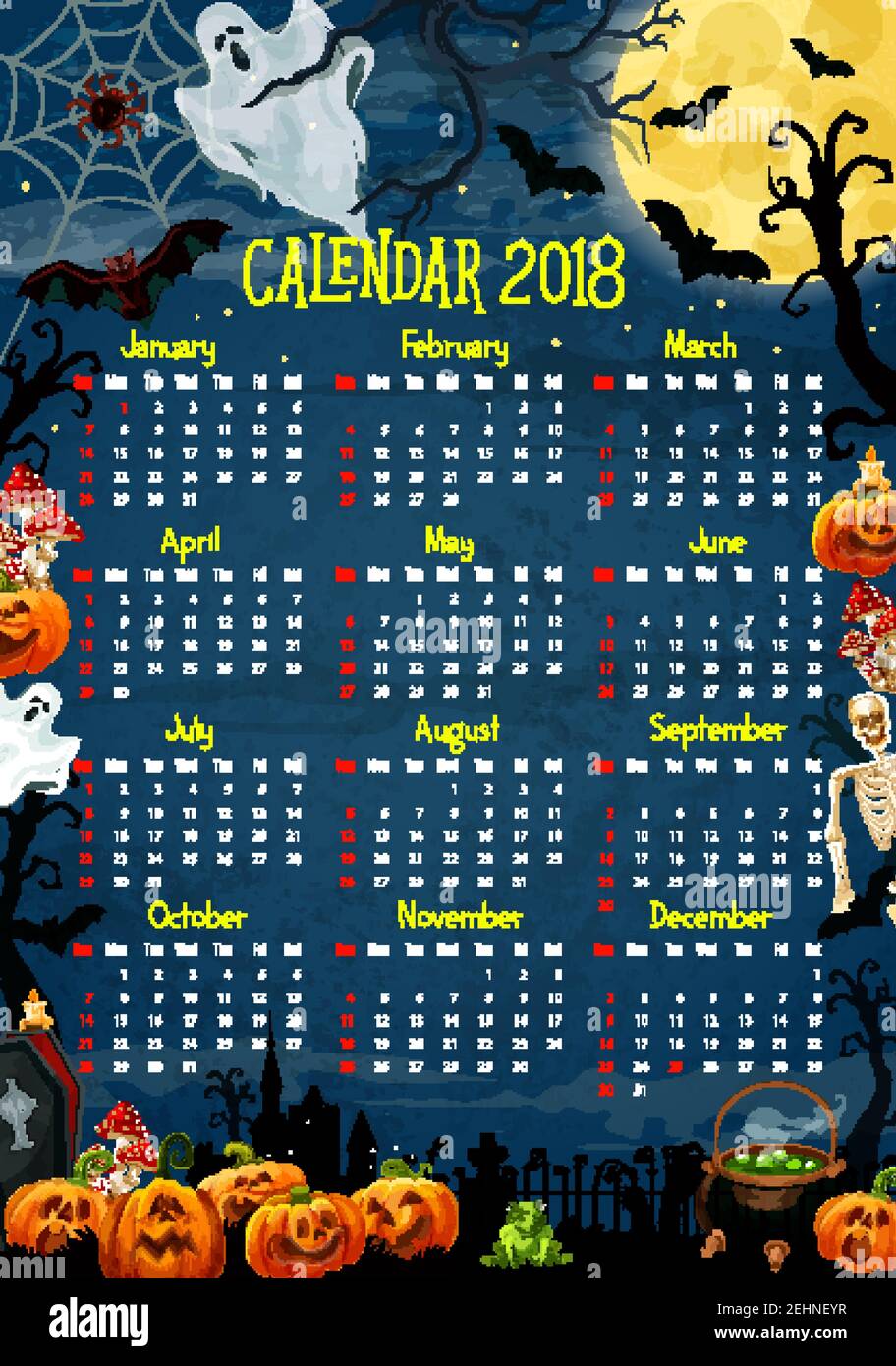Halloween calendar with horror holiday pumpkin and ghost. 2018 year ...