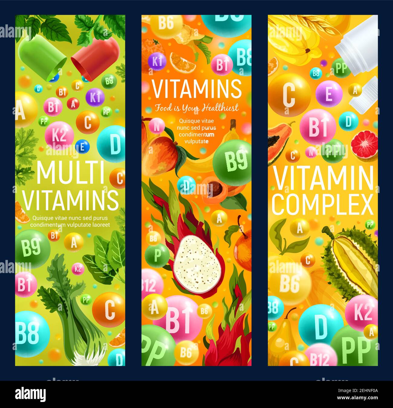 Healthy organic food with vitamins and multivitamin complex. Vector ...