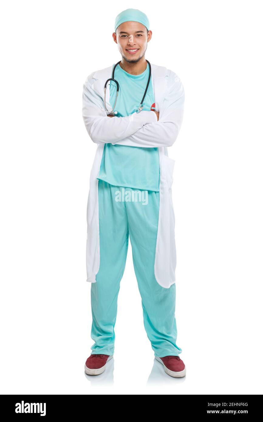 Smiling happy young doctor full body portrait isolated on a white ...