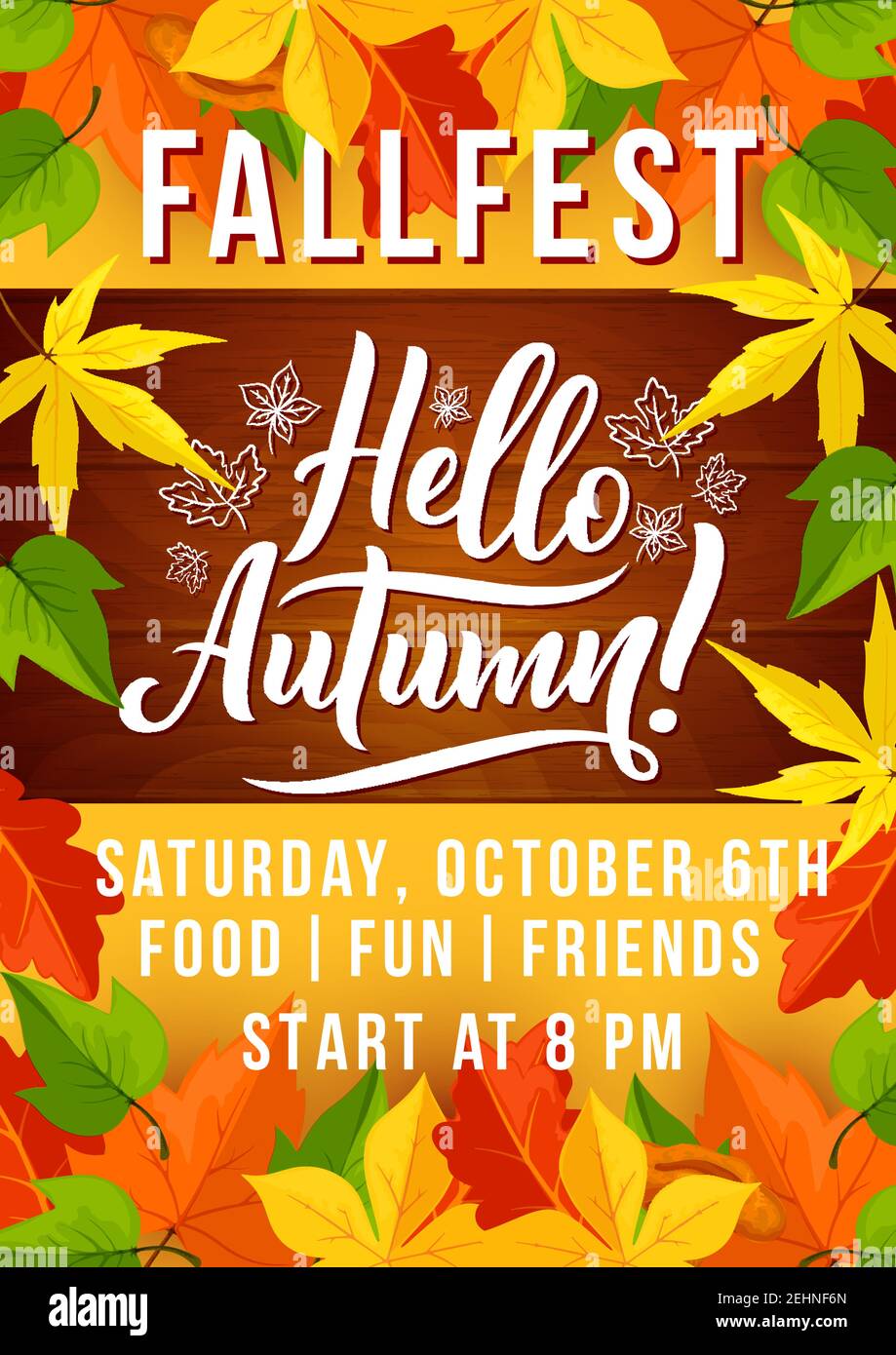 Fall festival invitation design with fallen leaf frame on wooden ...