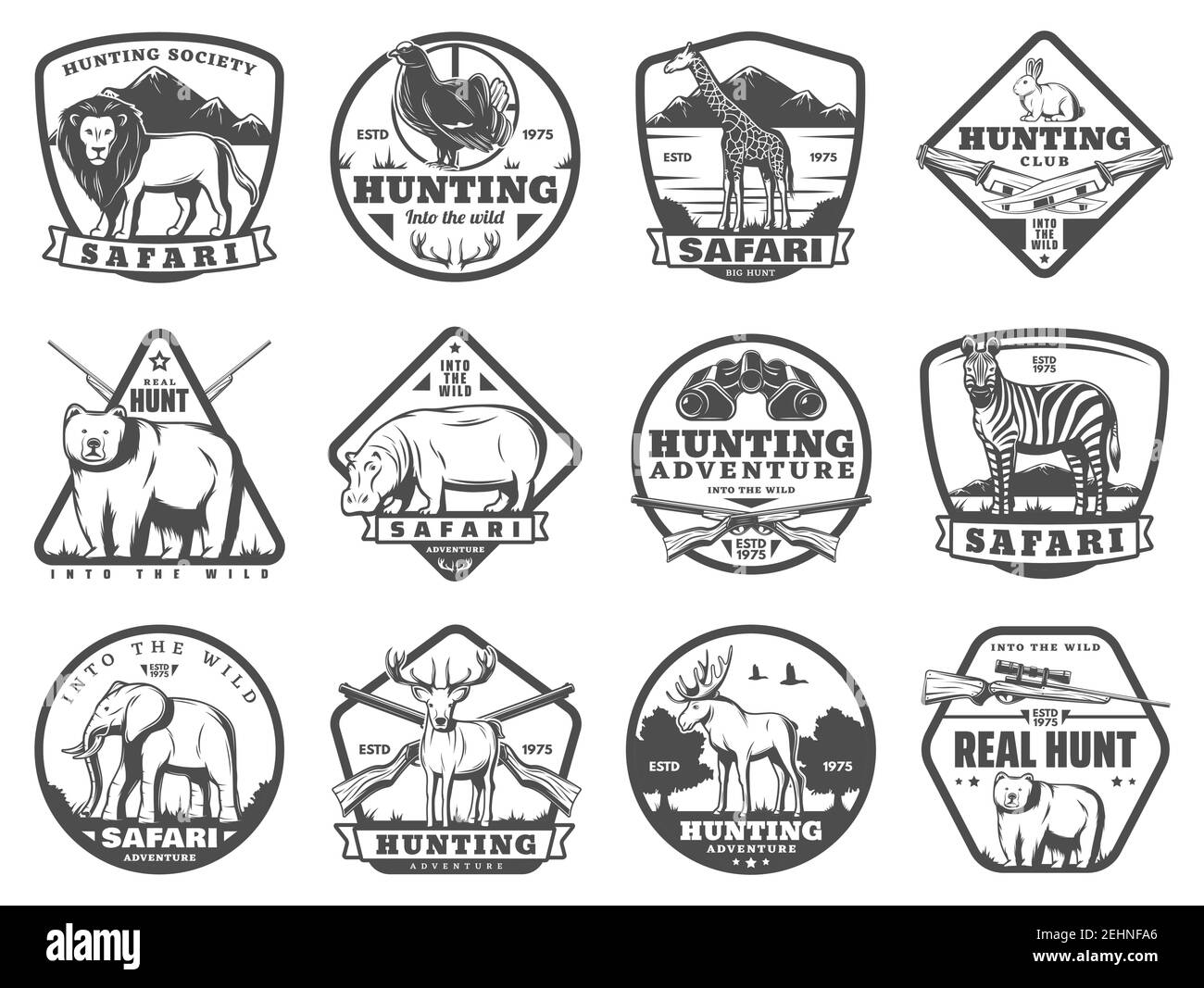 Hunting icons of lion, rabbit, forest grouse bird and bear, elephant ...