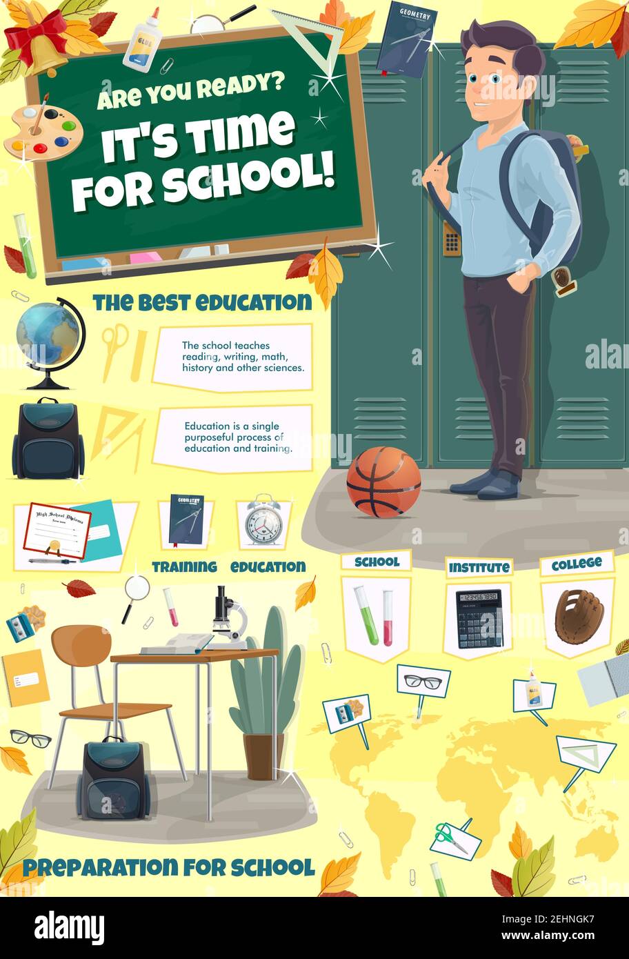 School time poster for education season preparation or back to college ...
