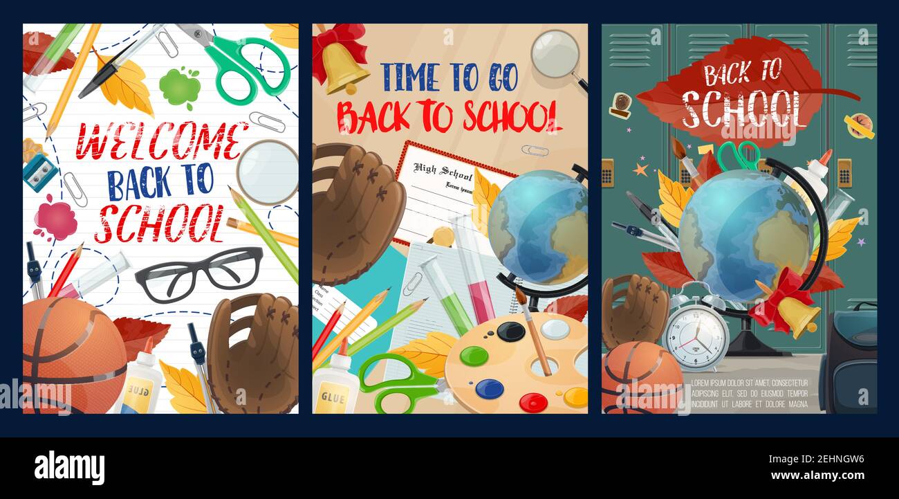 Back to school posters with fall leaves and stationery. Basketball and ...