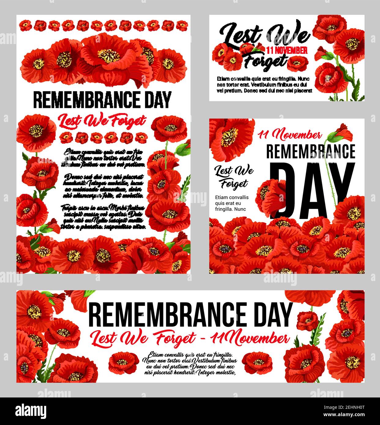 Remembrance Day poppy flower banner set for World War soldier and ...
