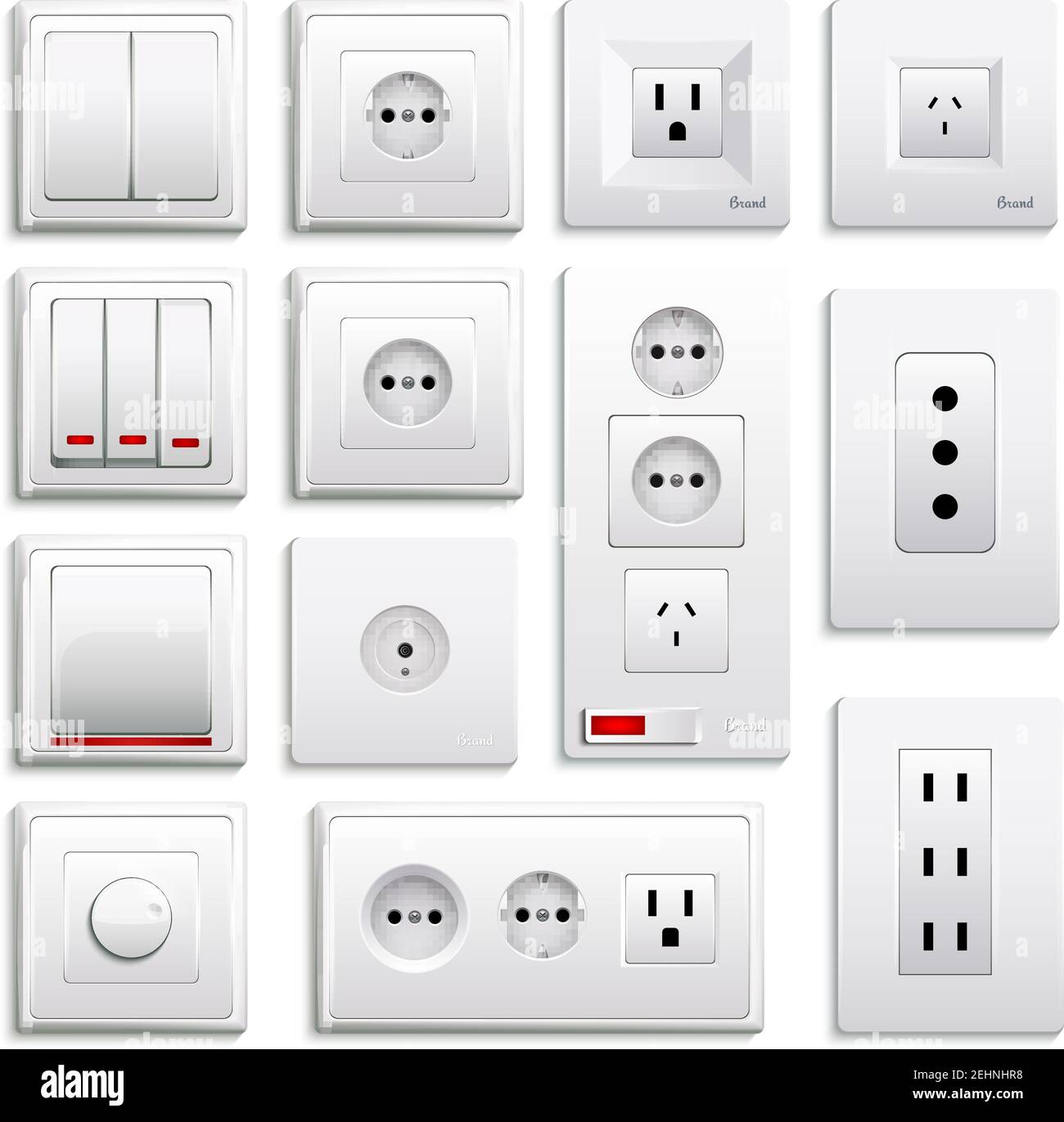 Set of realistic switches and sockets of various type isolated on white ...
