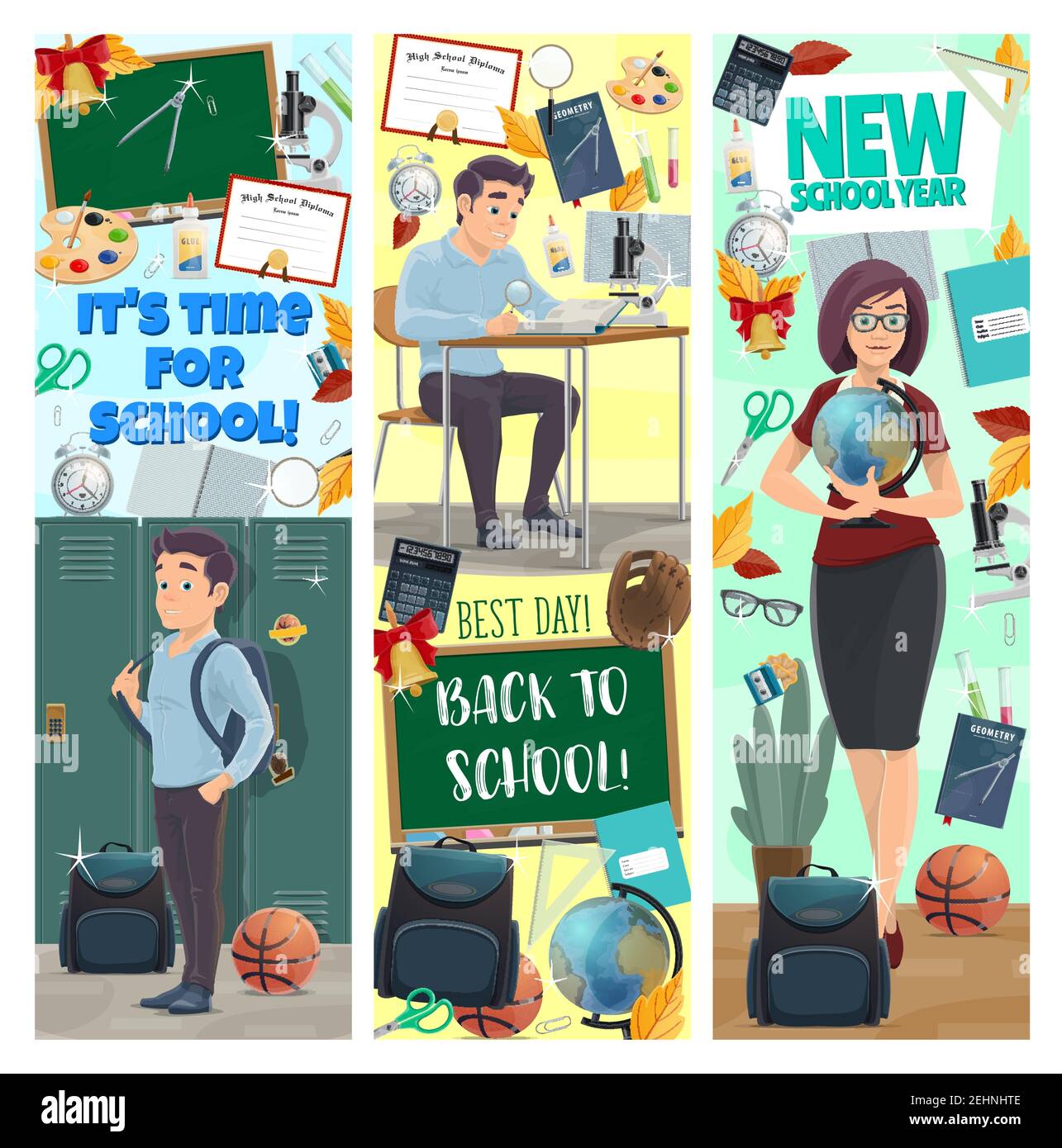 Student and teacher with education supplies and class items banners of ...