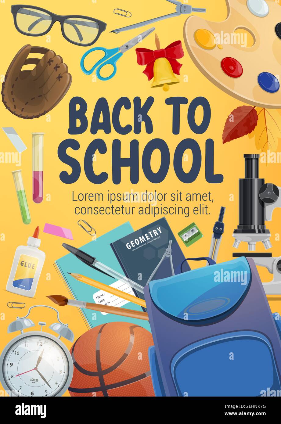 School supplies and student items poster for education themes design ...