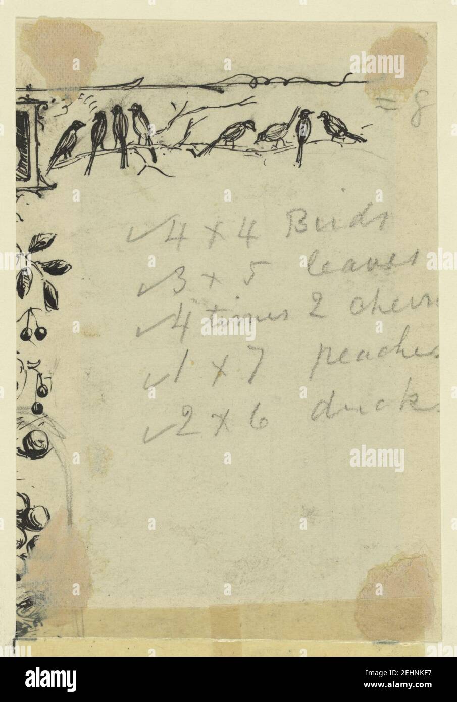 Partial border design for a page with birds, cherries, and other fruit ...