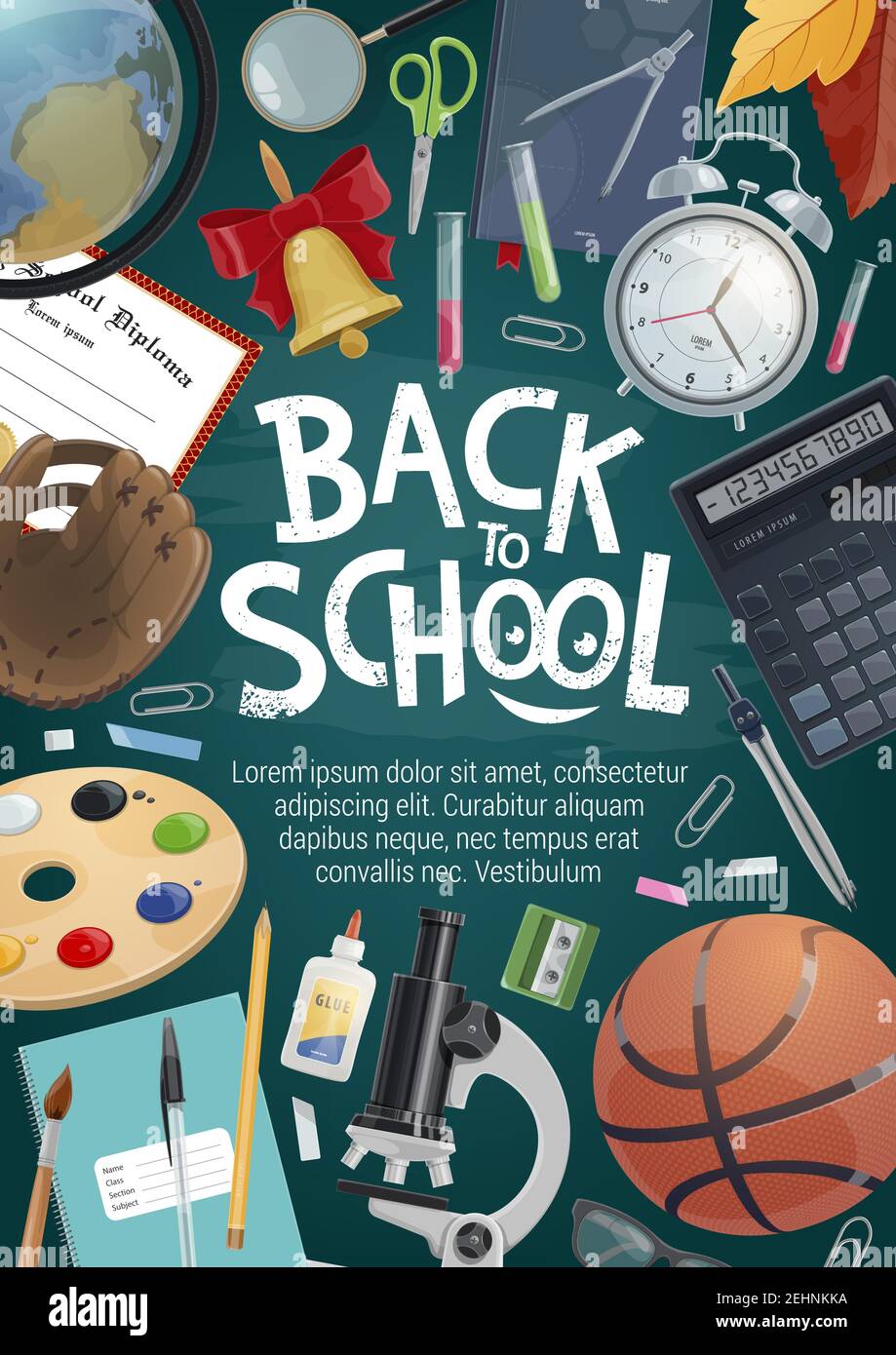 School supplies and student items poster for education theme design ...