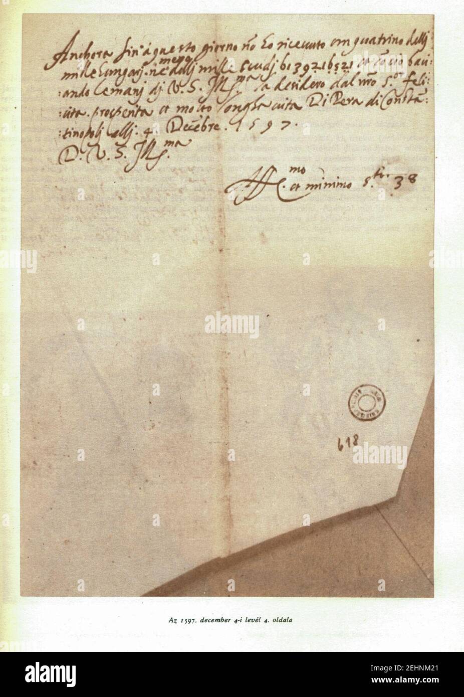 Partially encrypted letter from 1597-12-04, page 4 Stock Photo - Alamy