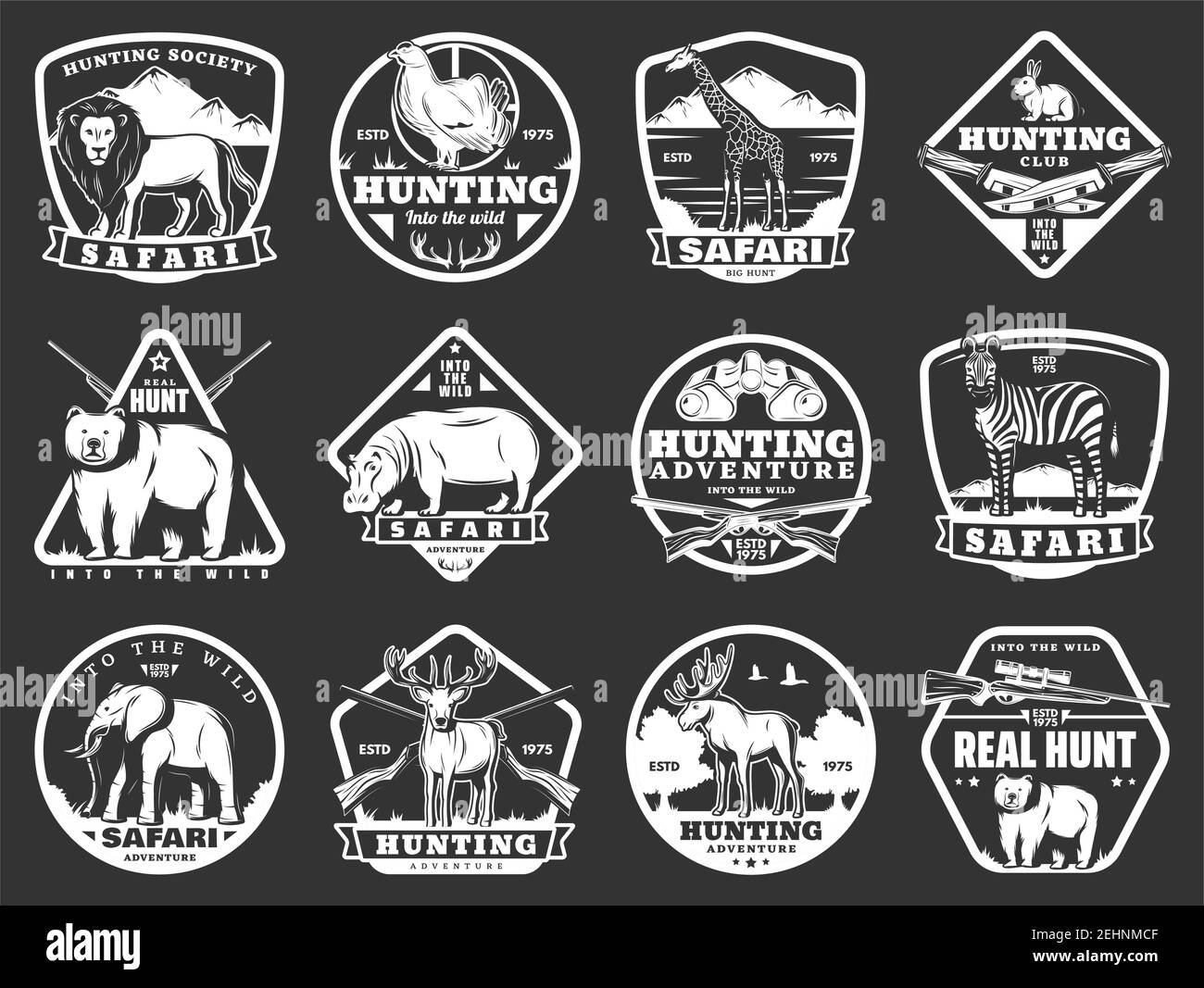 Hunting club or hunter society icons of wild animals and birds, hunt ...