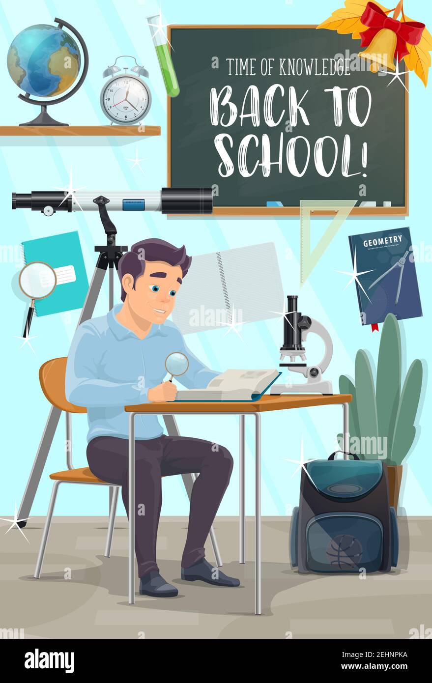 Back to School poster with student at class. Boy sitting at desk with ...